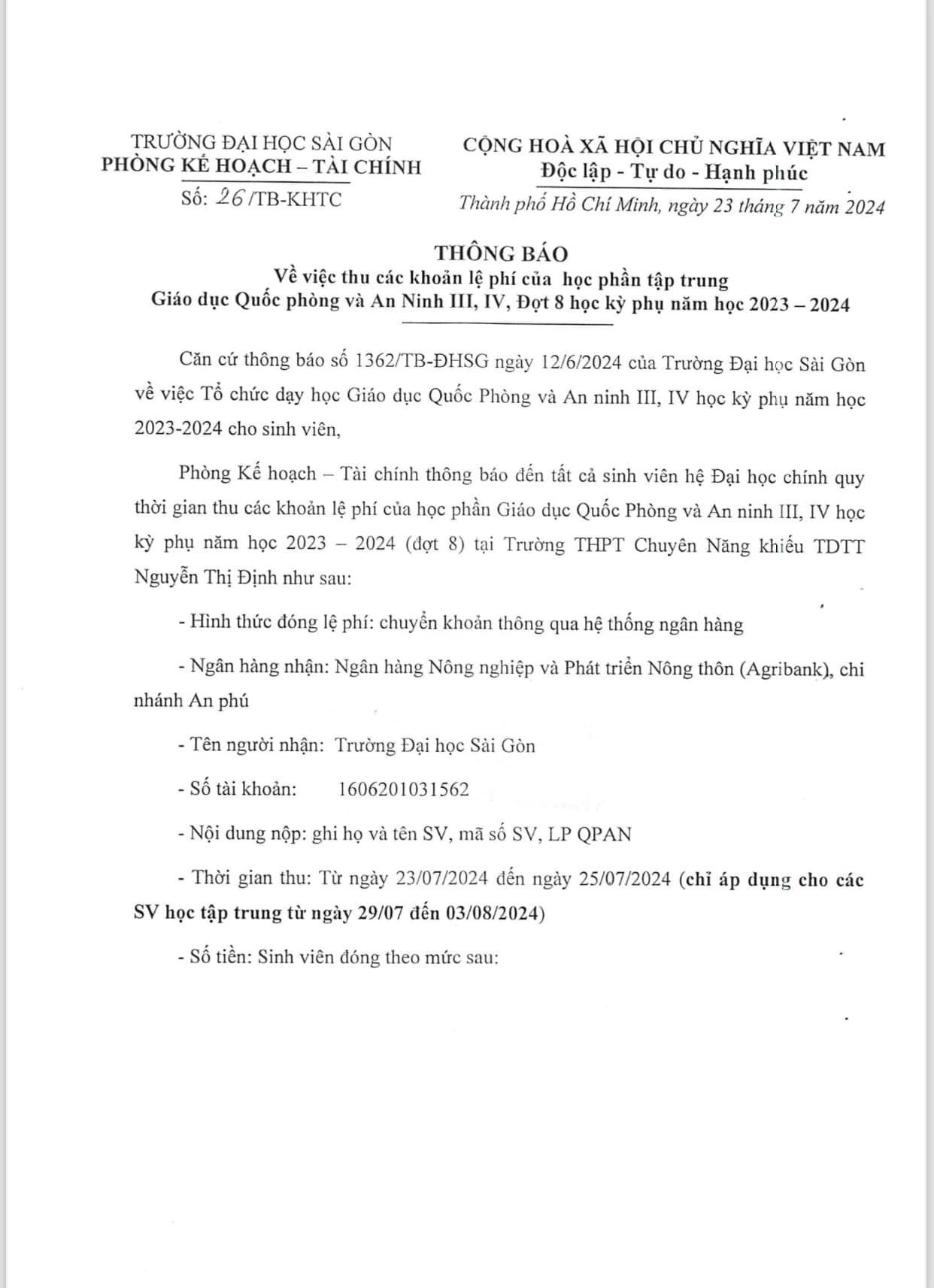 Thông báo về việc thu các khoản lệ phí của học phần tập trung Giáo dục quốc phòng và an ninh III ...